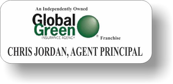 Global Green Insurance Agency White Badge - $12.25 | NiceBadge™