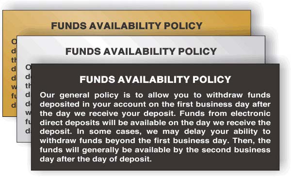 Funds Availability Policy Sign - $9.95 | NiceBadge™